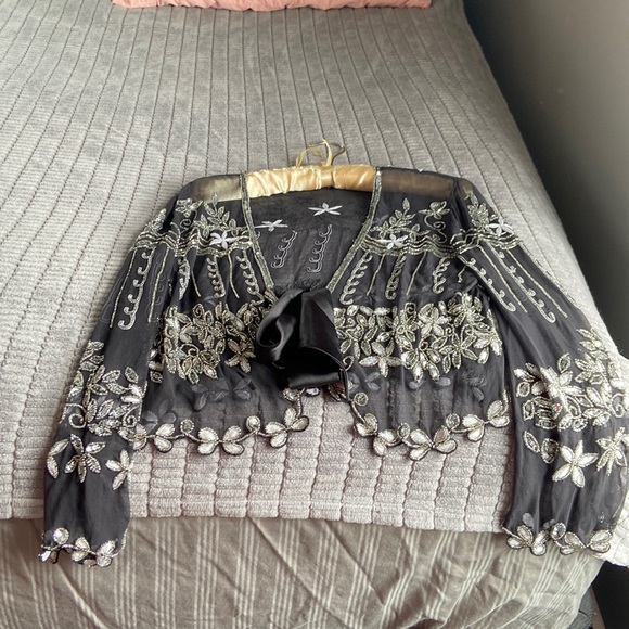 Jackets & Coats | Black Sheer Bejeweled Jacket Satin Lace Tie In Front ...
